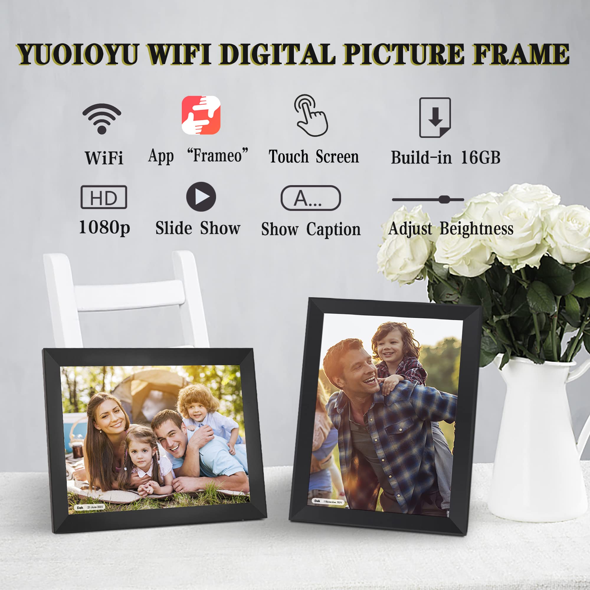 Digital Picture Frame, 10.1 Inch WiFi Digital Photo Frame 1280x800 IPS Touch Screen Photo Frame with 16GB Storage, Auto-Rotate, Wall-Mounted, Share Photos Videos via Frameo App Anywhere
