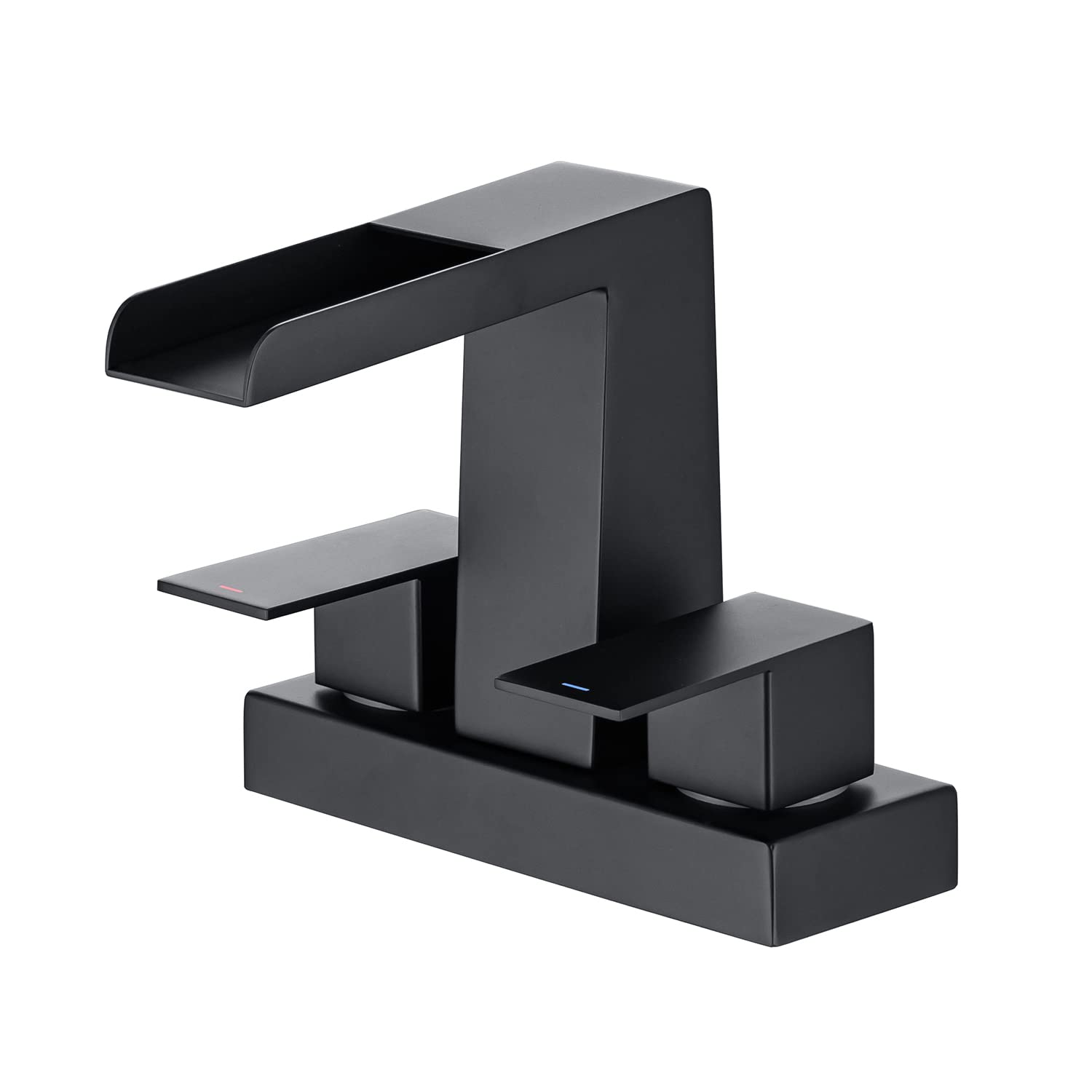 HAMOLER 4 Inch Centerset Waterfall Bathroom Faucet 2 Handle 3 Hole Basin Faucet with Pop Up Drain with Overflow, Vanity Faucet Matte Black
