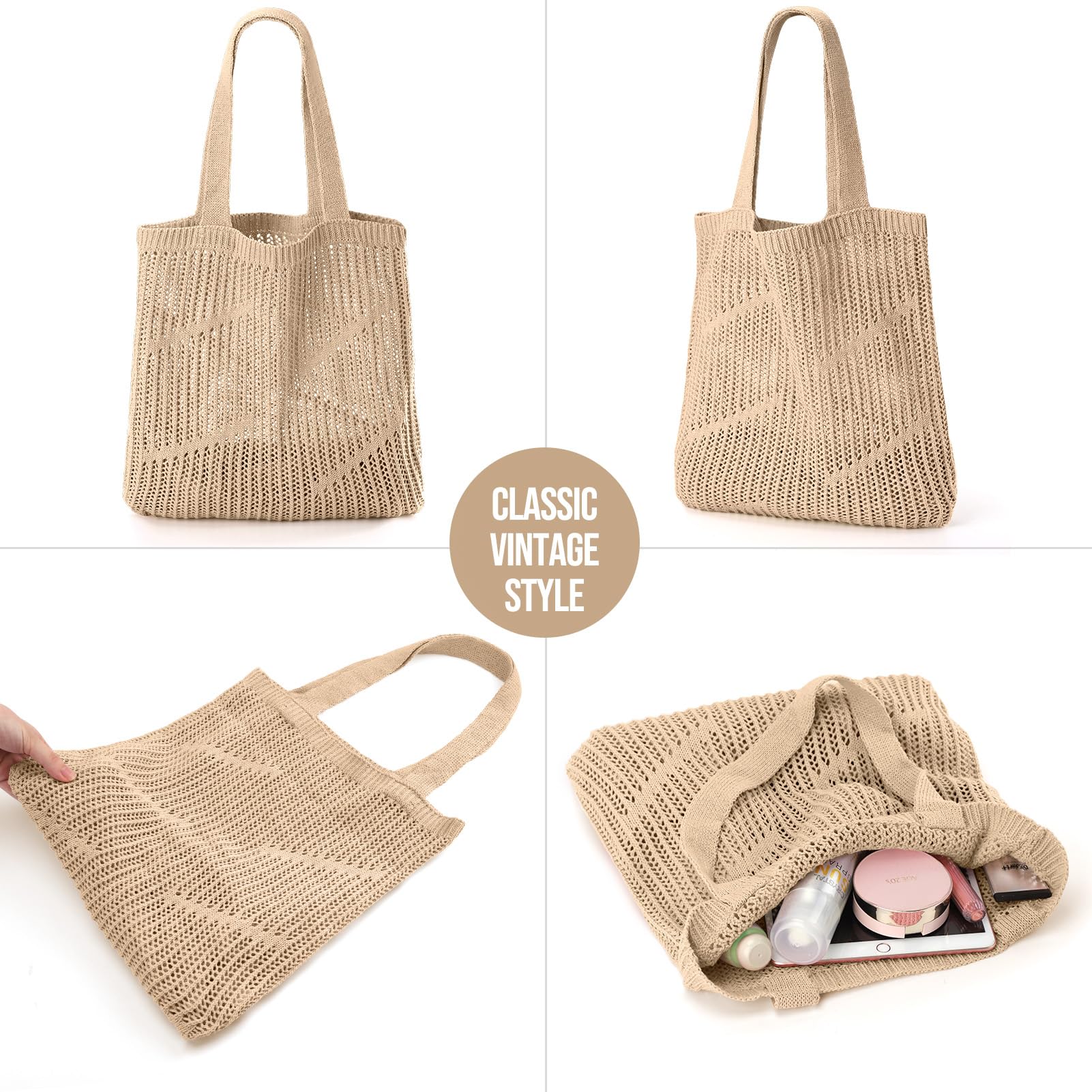 Crochet Tote Bag, Beach Mesh Knitted Bag Large Aesthetic Shoulder Bag Handbags Hollow Hobo Bag for Women Summer (Khaki, 4-Strips)