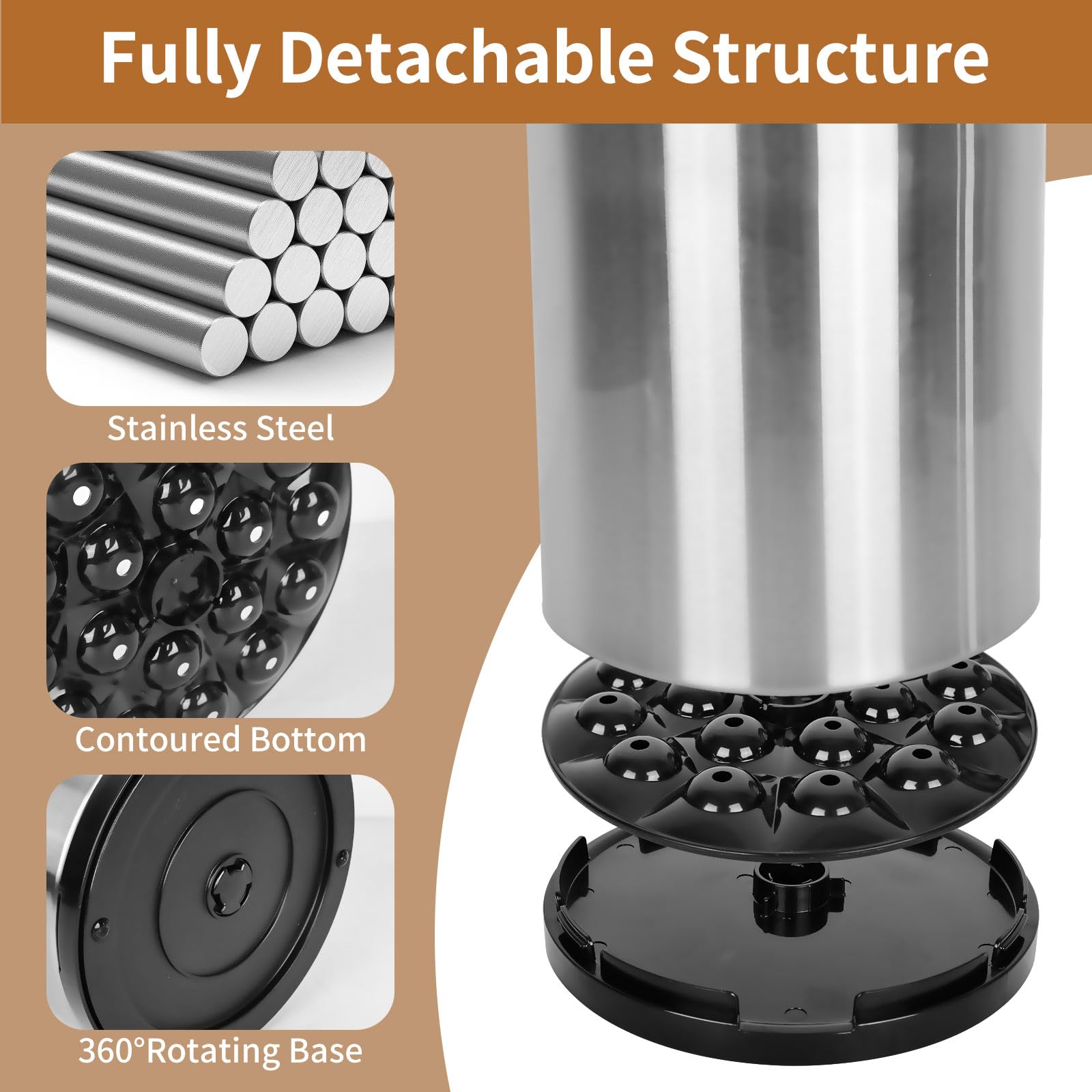 Nigelia Extra Large Kitchen Utensil Holder - 360° Rotating Stainless Steel Cooking Utensil Holder for Countertop, 3 Compartment Flatware Organizer & Utensil Caddy with Removable Base(Silvery)