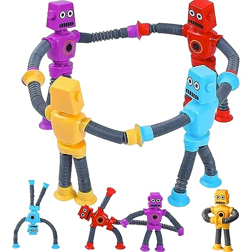 Limpskys 4 Pack Suction Cup Robot Toy,Robot Toys,Robot Toys for Kids 3-5 5-7,pop Tubes Robots,Suction Cup Toys,Road Trip Toys,Mini Robot,Telescopic Suction Cup Animal Toys
