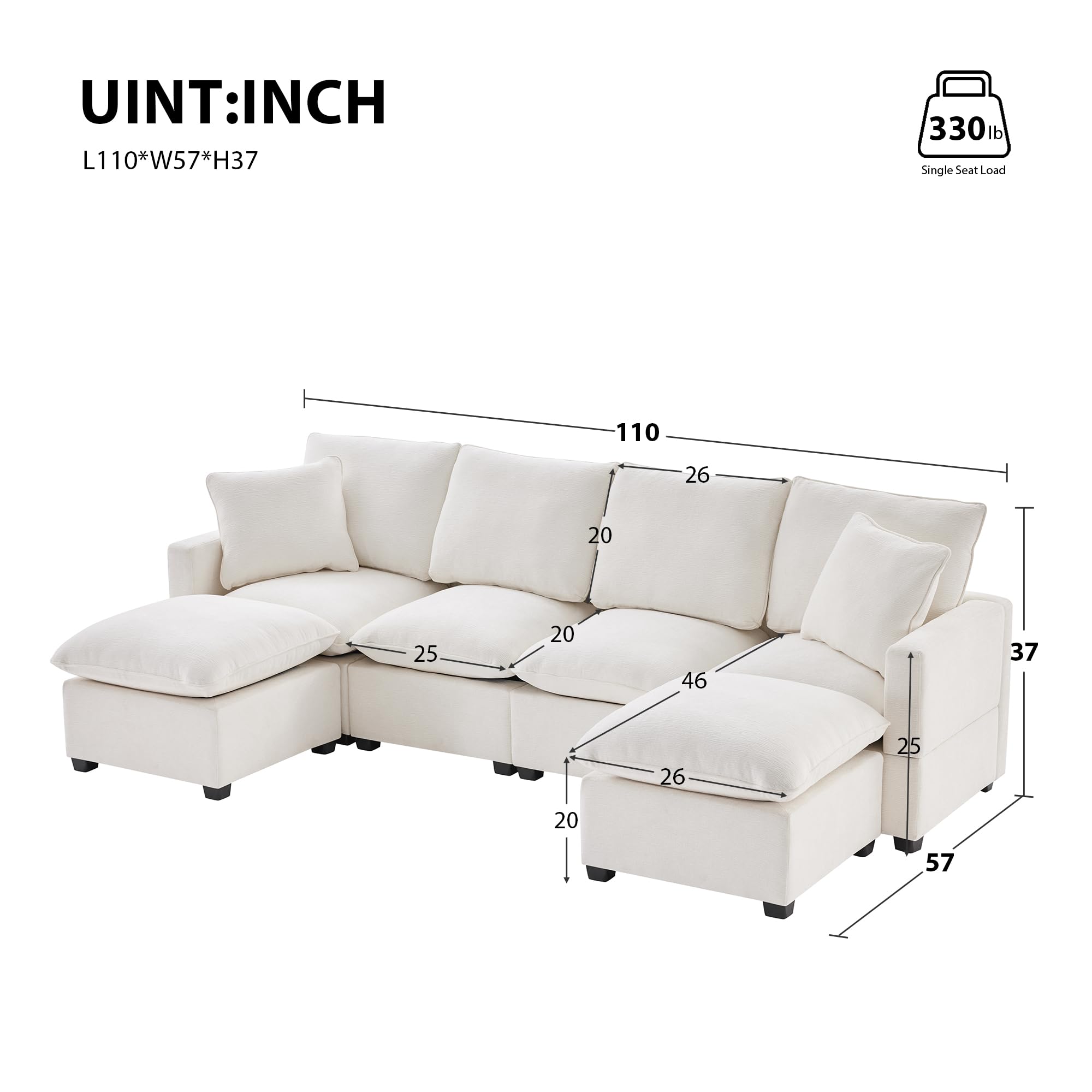 Tmsan Chenille Sectional Sofa Cloud Couch for Living Room, 110" Modern U Shaped Comfy 4 Seater Modular Sofa with Chaise Lounge & 2 Pillows for Bedroom Apartment Office