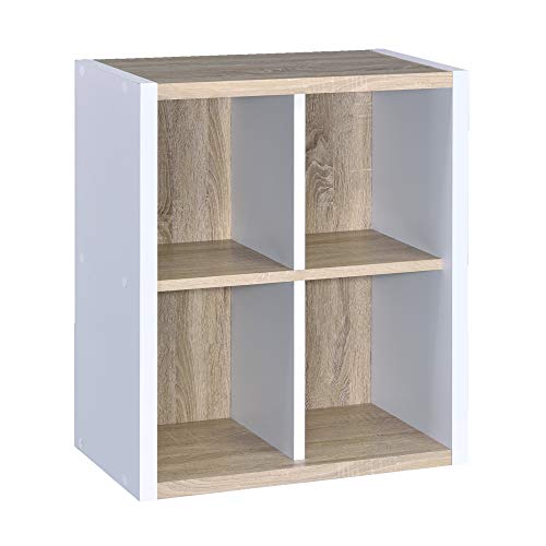 DIY Two-Color 4-Grid Storage Bookcase, 1.18 inch Thick Plywood Stackable Bookshelf Organizer for Living Room, Home and Office, Light Brown