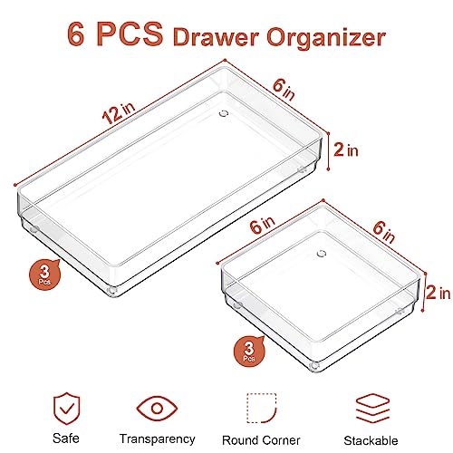 SMARTAKE 6 PCS Clear Plastic Drawer Organizers Set, Large Size Non-Slip Desk Drawer Organizer, 2-Size Versatile Bathroom and Vanity Drawer Organizer Trays for Makeup, Bedroom, Office, Kitchen Utensils