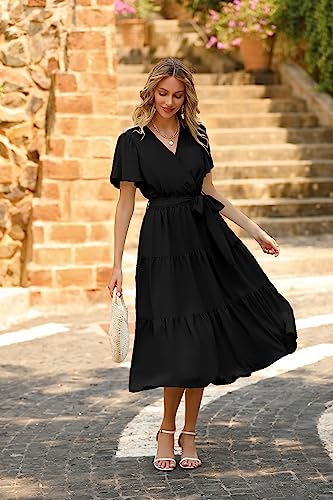 PRETTYGARDEN Summer Dresses for Women 2023 V Neck Wrap Short Sleeve Boho Midi Dress Tie Waist A Line Beach Sun Dresses (Black, Medium)