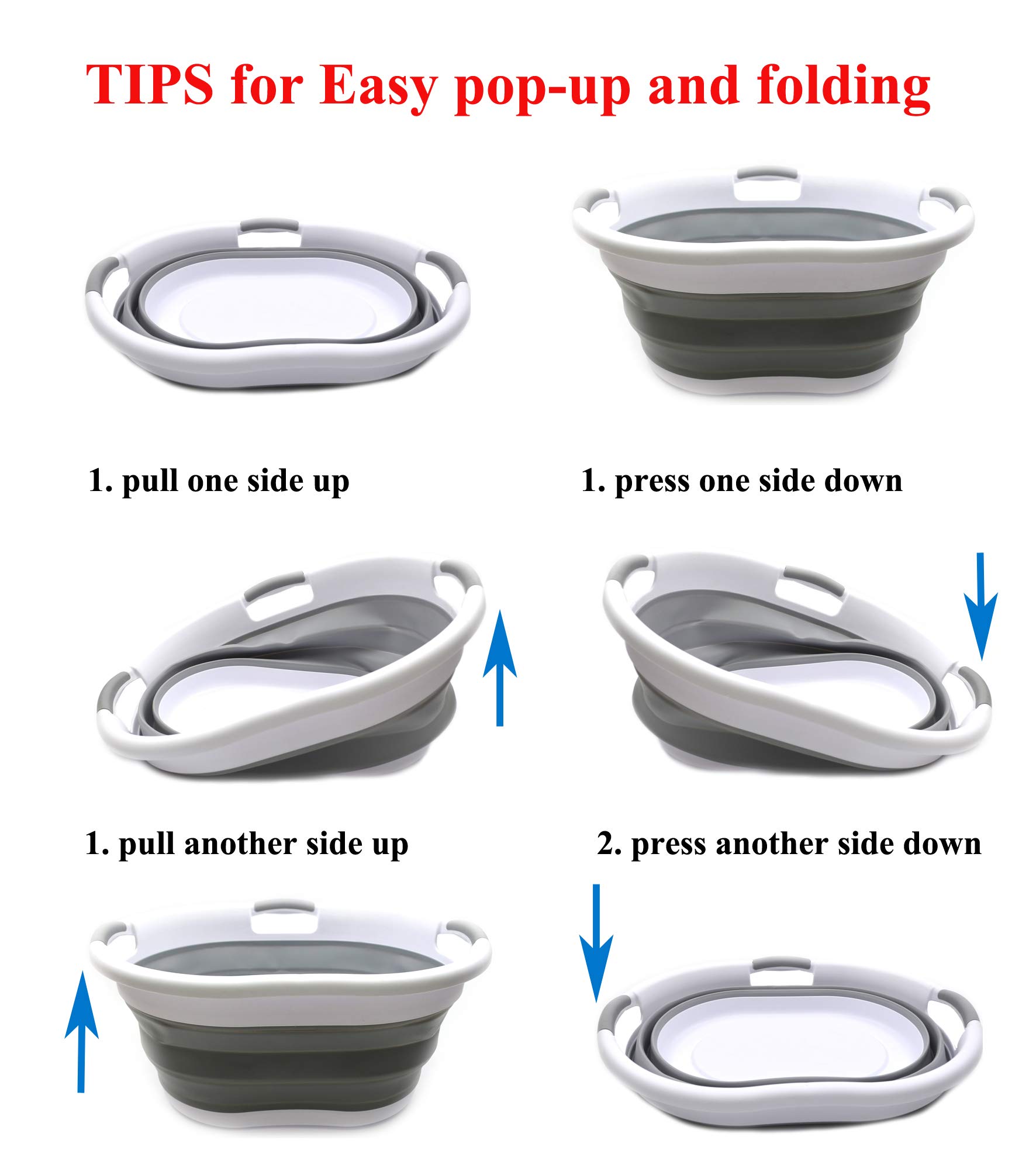 SAMMART 36L(9.5 gallon) Collapsible Plastic Laundry Basket-Oval Tub/Basket-Foldable Storage Container-Portable Washing Tub-Space Saving Laundry Hamper,Water capacity 27L(7.1 gallon) (Grey, 1)