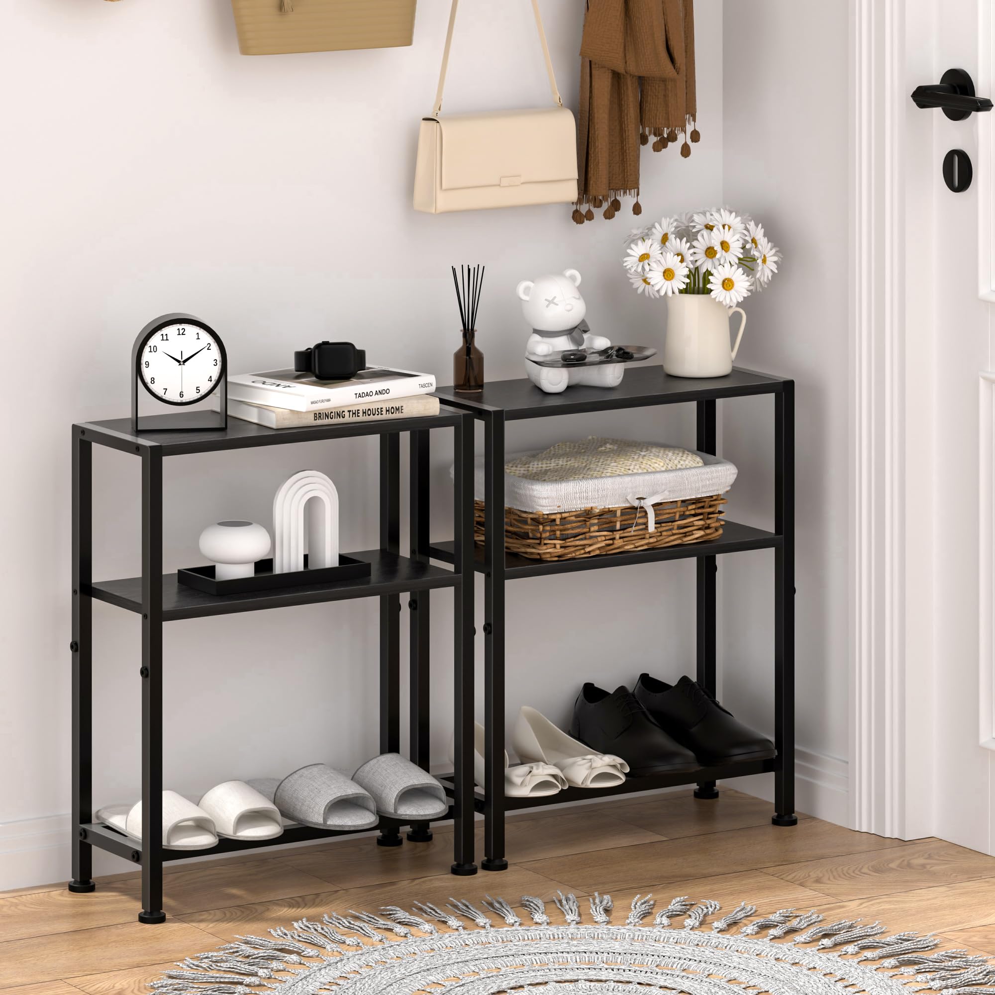 Narrow Side Table with Storage Shelf, 3-Tier Slim End Table for Small Space, Small Bedside Table, Skinny Nightstand with Magazine Rack in Living Room, Bedroom, Study, Kitchen, Balcony (Black)