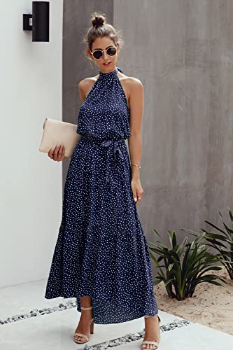 PRETTYGARDEN Women’s Casual Halter Neck Sleeveless Floral Long Maxi Dress Backless Loose Ruffle Sundress with Belt (Navy,X-Large)