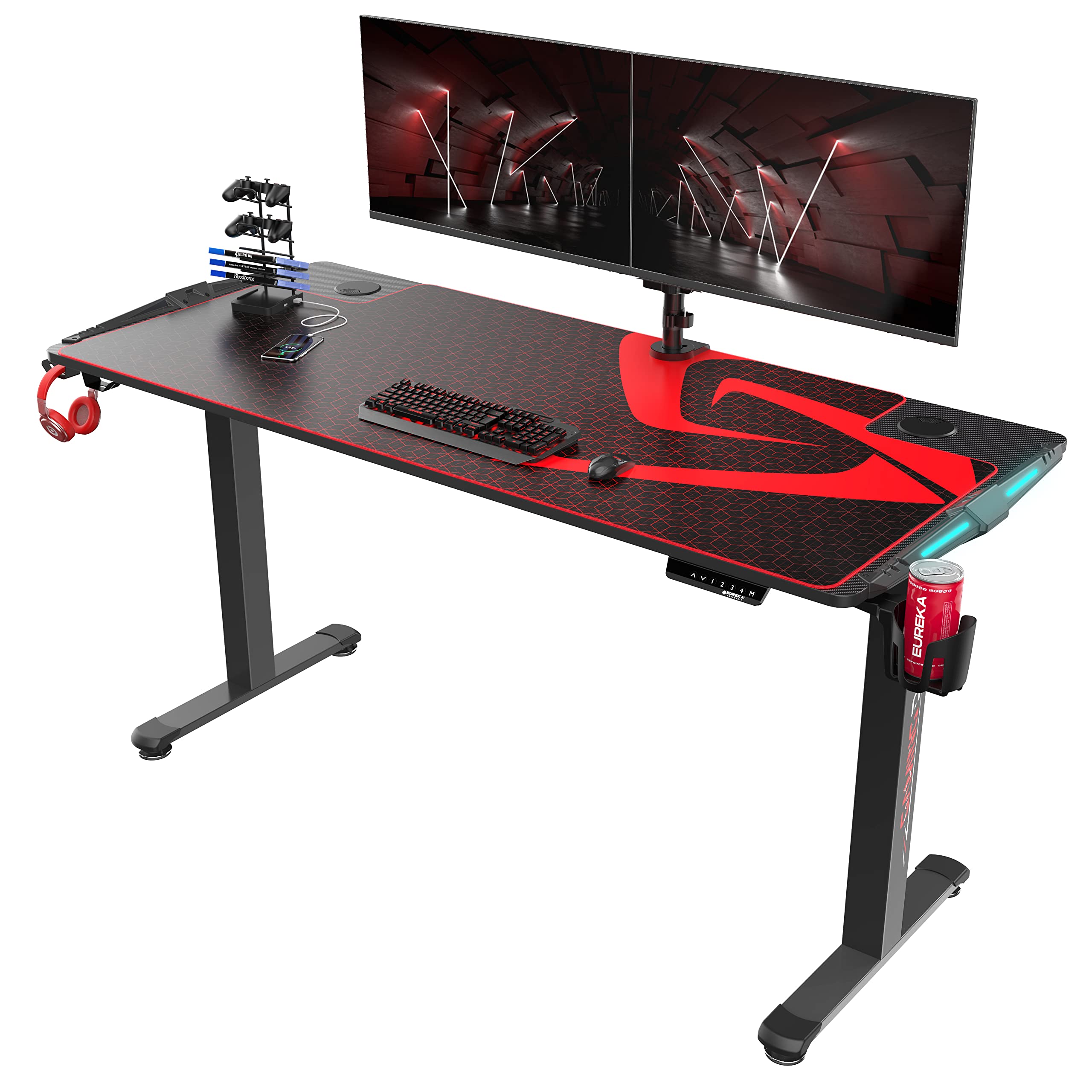 DESIGNA 65 inch Electric Height Adjustable Standing Desk, Sit Stand Large Gaming Computer Desk with RGB LED Lights, Full Coverage Gaming Desk Mat for Gaming & Home Office, Black
