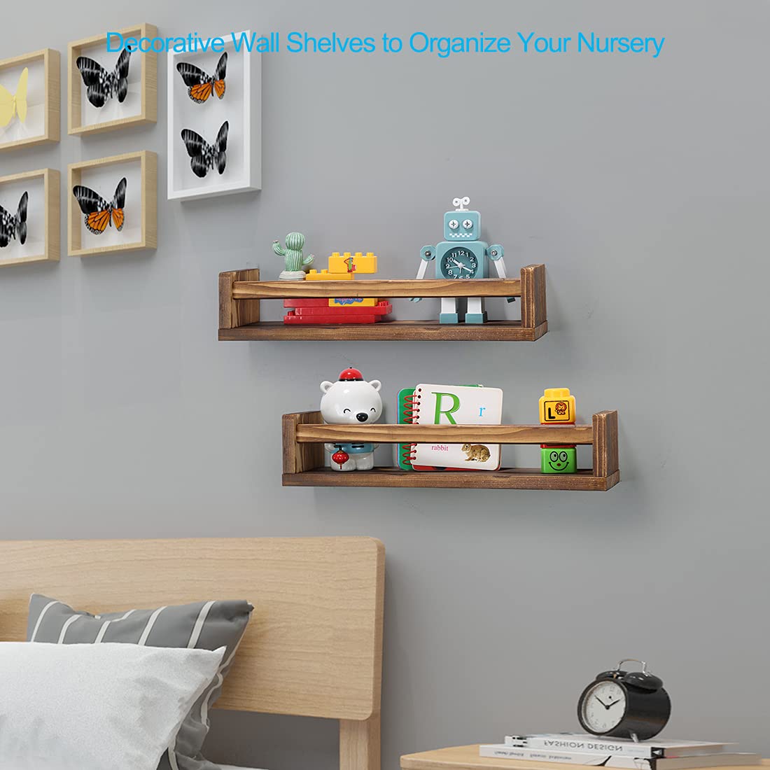 DUICIRX Nursery Room Shelves Set of 2, Wood Floating Book Shelves for Kids Room, Baby Book Shelf for Nursery, Kitchen Spice Rack (Dark brown- 2 Pack)
