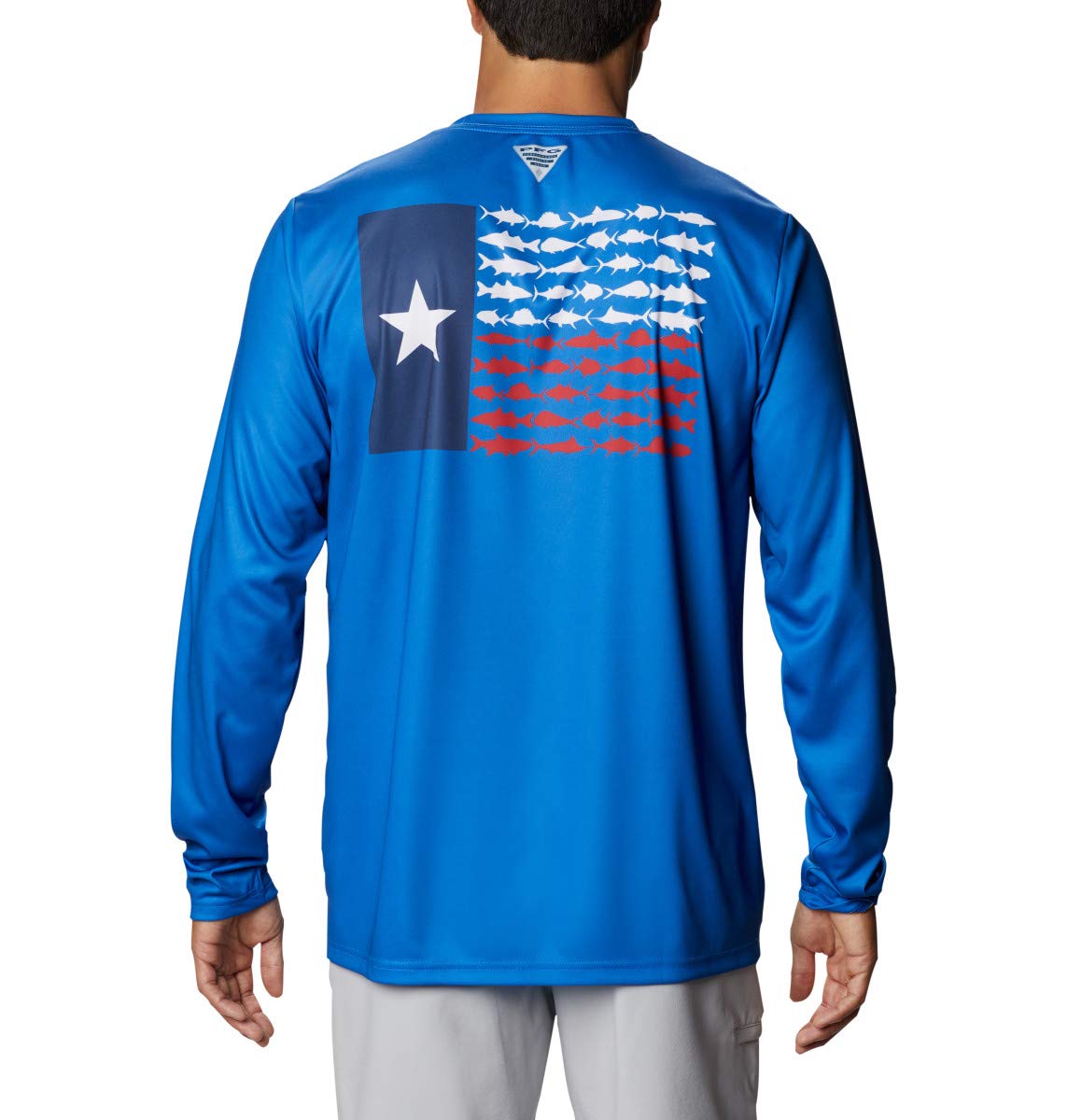 Columbia Men's Terminal Tackle PFG State Fish Flag Long Sleeve, Vivid Blue/Texas, X-Small