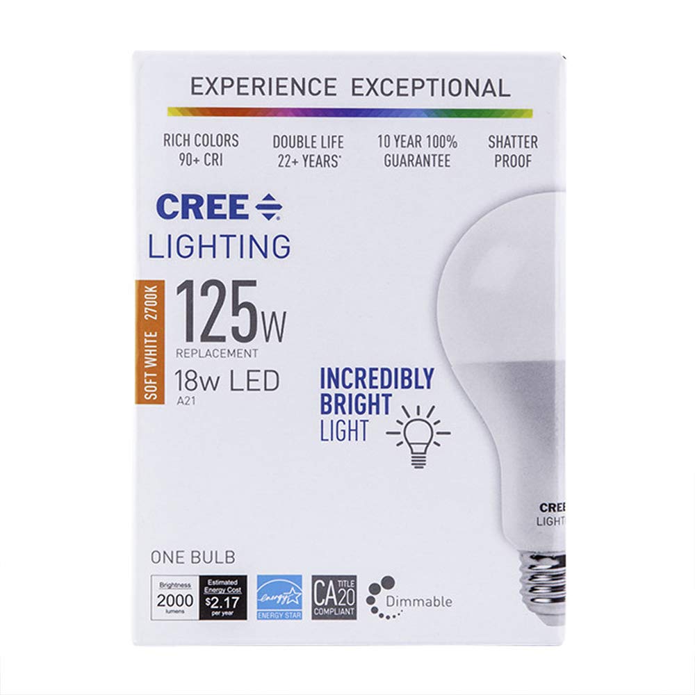 Cree Lighting, TA21-20027MDFH25-12DE26-1-11006S-T, A21 125W Equivalent LED Bulb, 2000 lumens, Dimmable, Soft White 2700K, 25,000 Hour Rated Life, 90+ CRI | 4-Pack
