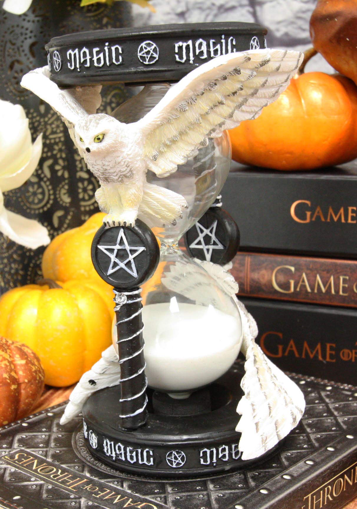 Ebros Gift 7" Tall Awaken Your Magic Snowy Owl Grasping Pentagram Pendant in Its Talons Inverted Sand Timer Statue by Anne Stokes Accent Sandtimer Desktop Shelf Decorative Figurine