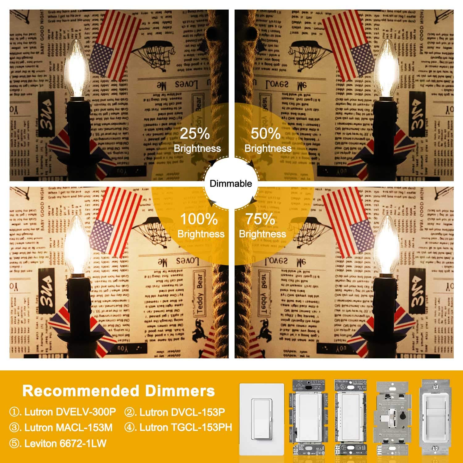 CRLight 6W LED Candelabra Bulb 5000K Daylight White, 70W Equivalent 700 Lumens Dimmable E12 Base LED Candle Bulbs, Vintage Edison B10 Clear Glass Torpedo Shape Chandelier Light Bulbs, 8 Pack