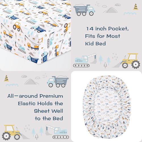lasoftan Kids Sheet Set Twin Size 3 Pcs, Boys Twin Sheet Set with Blue Excavator Car Pattern,Kids Boys Twin Fitted Sheet ,Breathable & Silky Soft Microfiber Kids Fitted Sheet
