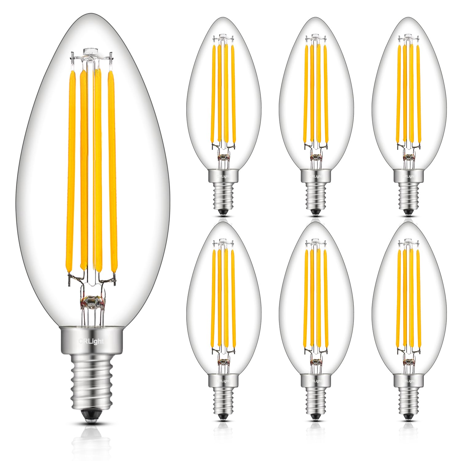 CRLight 8W Dimmable Large LED Candelabra Bulb 80W Equivalent 800LM, 3000K Soft White E12 Lengthened & Enlarged B17 Clear Candle E12 LED Chandelier Light, Smooth Dimming Version, 4 Pack