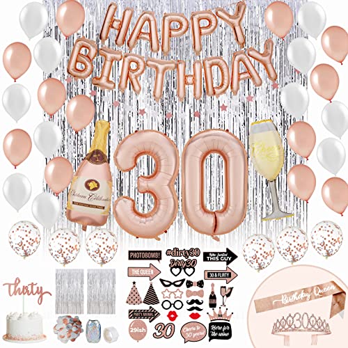 PartyHooman 30th Birthday Decorations for Women With 30th Birthday Sash and Rhinestone Tiara | 30th Birthday Balloons, 2 Pcs Foil Backdrops with 25 pre-assembled photoshoot props | Dirty 30 Birthday