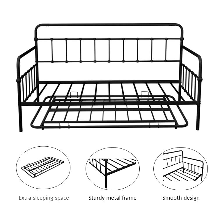 Livavege Twin Daybed with Trundle, Multifunctional Metal Twin Size Platform Bed Frame Sofa Beds with Headboard for Kids/Teens/Adults, Mattress Foundation/Space-Saving/No Box Spring Need