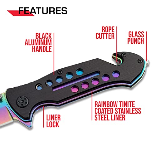 TAC Force Spring Assisted Folding Pocket Knife β Rainbow TiNite Coated Drop Point Blade and Liner, Black Aluminum Handle w/ Rope Cutter, Glass Punch, and Clip, Tactical, EDC, Rescue - TF-509 4.75 inch