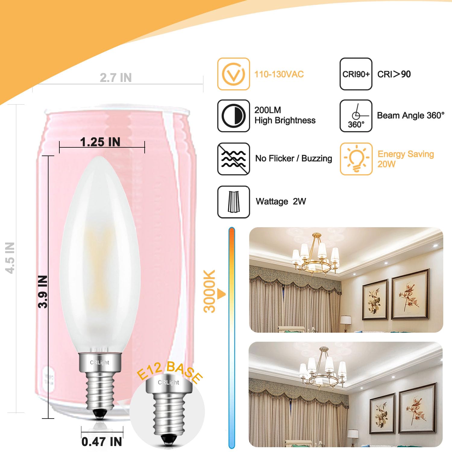 CRLight LED Candelabra Bulb 25W Equivalent 250 Lumen, 3000K Soft White 2W Filament LED Chandelier Light Bulbs, E12 Base Vintage Edison B10 Frosted Glass Dimmable LED Candle Bulbs, Pack of 8