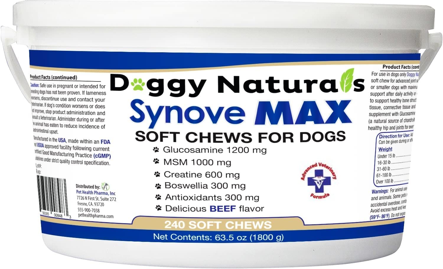 Synove Max Soft Chews for Dogs (240 Count) Beef Flavor, Joint Supplement, Glucosamine, Turmeric, Boswelllia serrata, Creatine Naturally Derived Ingredients better than synovi g4 soft chew