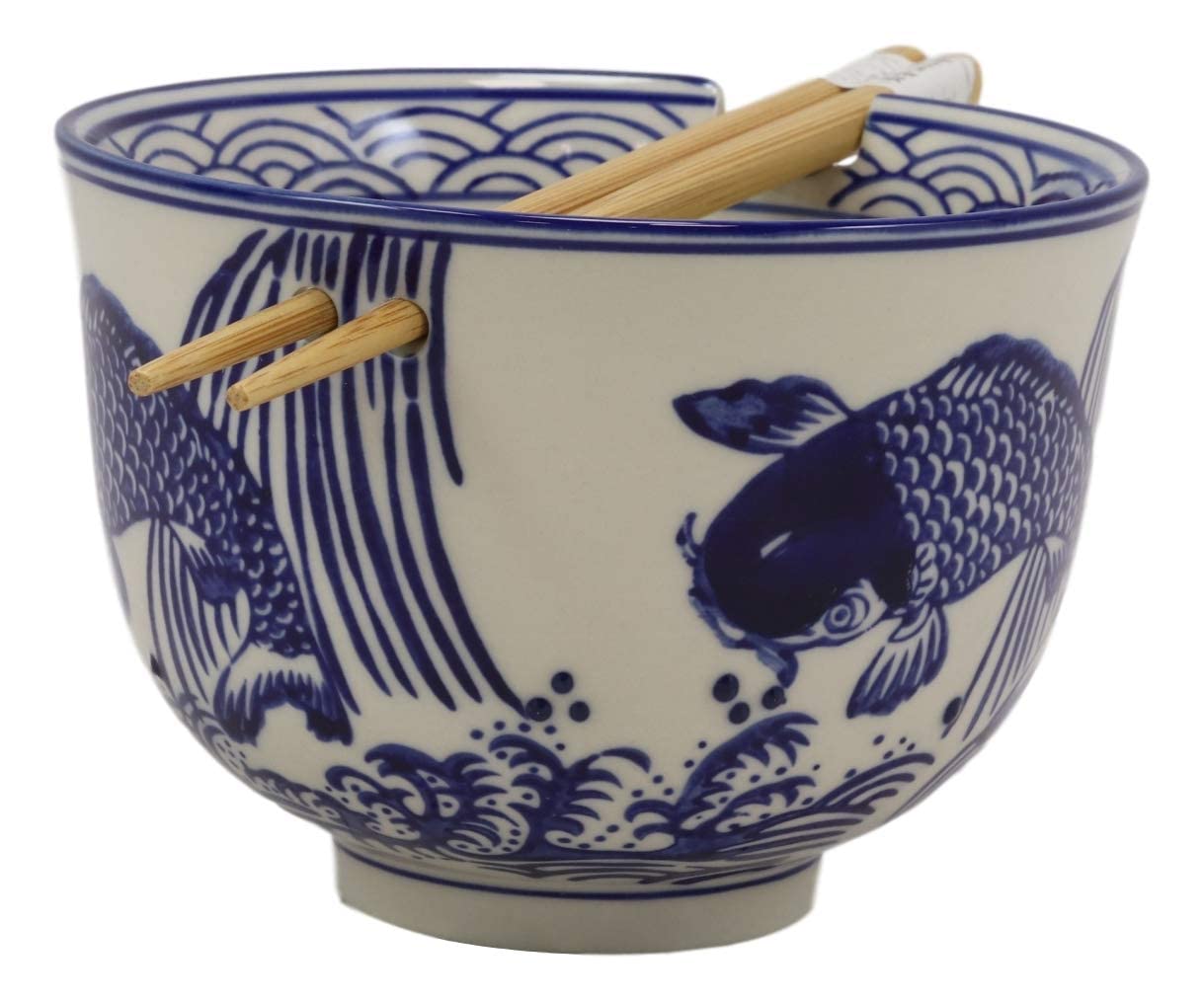 Ebros Ming Style Zen Blue White Koi Fishes By Waterfall Ramen Udong Noodles 5" Diameter Bowl With Built In Chopsticks Rest and Bamboo Chopstick Set for Dining Soup Rice Meal Cereal Bowls Decor Kitchen