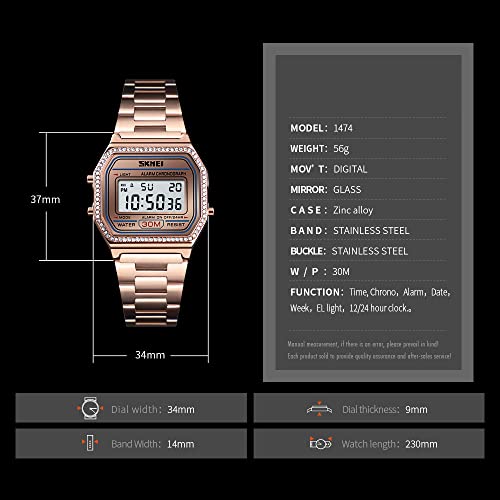 PASOY Men's Digital Gold Stainless Steel Watch Backlit Multifunction Stopwatch Waterproof Sport Watches (Gold with Crystal Bezel)