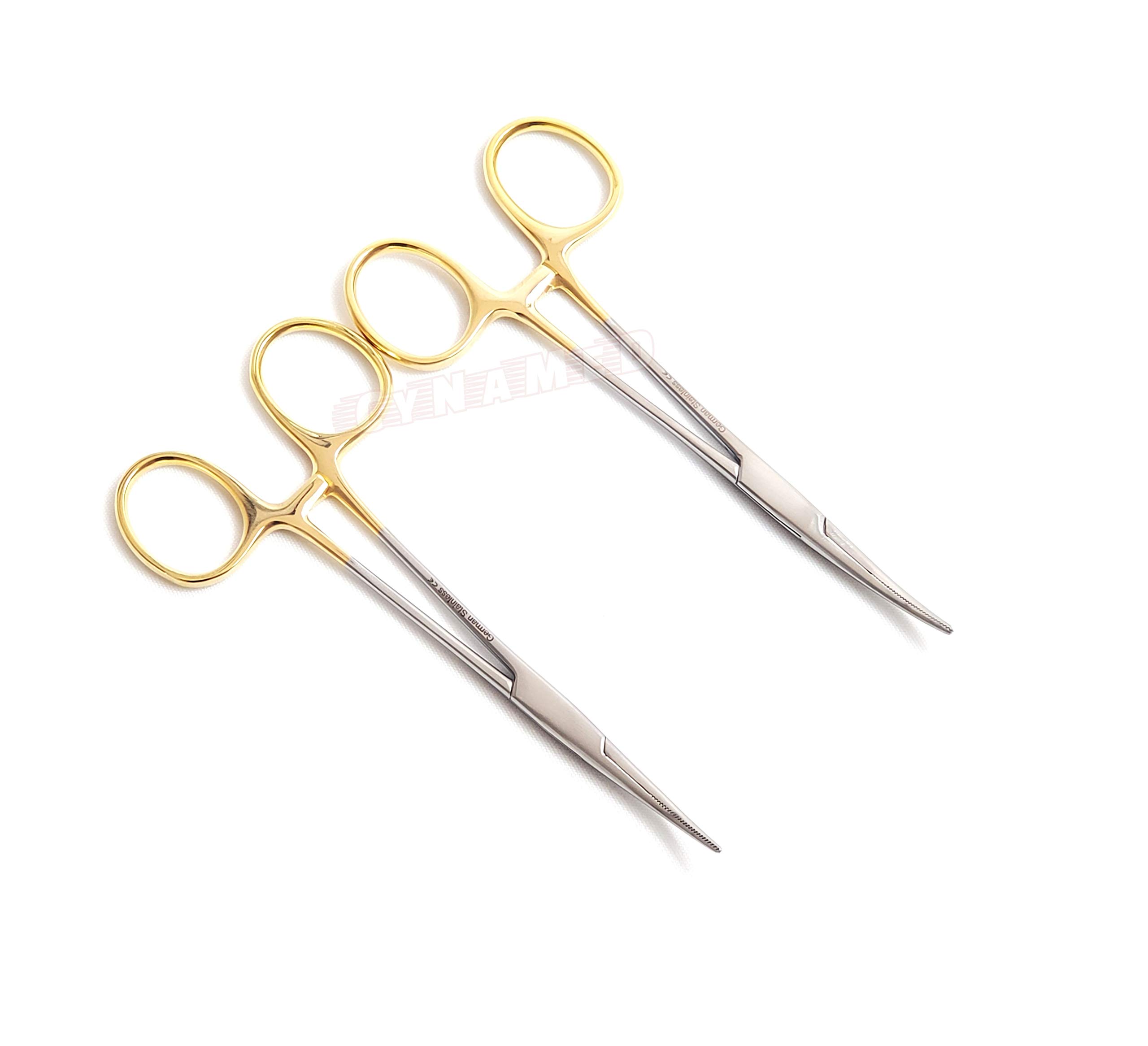 Premium German Stainless- Set of 2 PCS Gold Handle Mosquito Locking HEMOSTAT Forceps Straight + Curved 5"-Cynamed