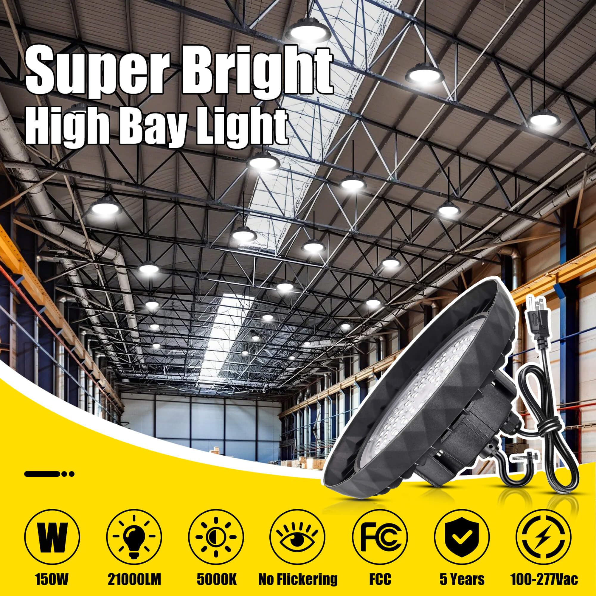 LAUDING LED High Bay Light 150W, 21000LM 5000K Daylight UFO LED High Bay Shop Light with 5' Cable UL Plug for Workshop Barn Shop Warehouse Factory Gym Garage, IP65 Waterproof Dustproof.
