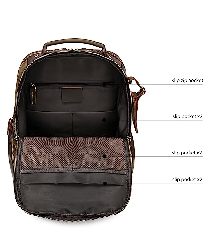 LANNSYNE Vintage Full Grain Genuine Leather Backpack For Men, fits 16" Laptop Travel Hiking Bag Camping Rucksack Brown
