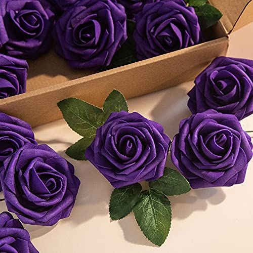 Lansdowns Artificial Flower Foam Rose 25pcs Real Looking Fake Rose with Stems Leaves for Home Decoration Party Garden Centerpieces DIY Wedding Bouquets(Purple)