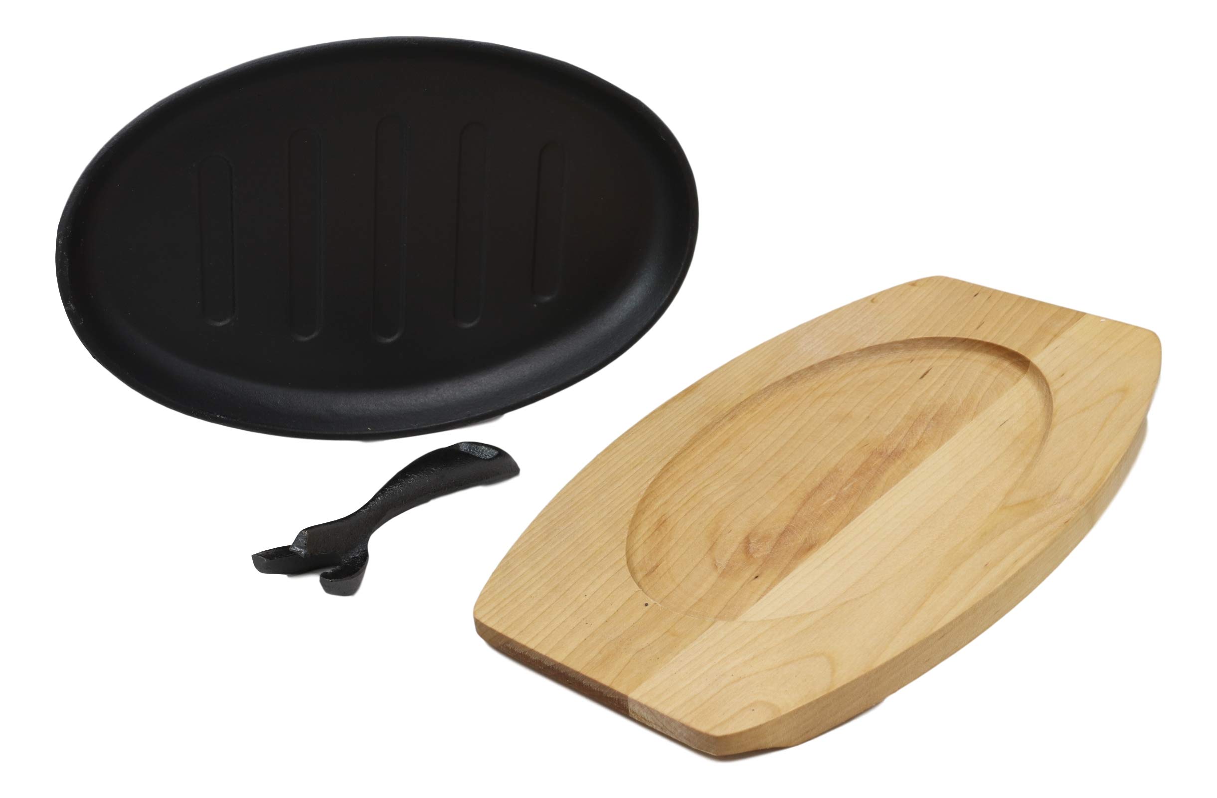 Ebros Personal Size 10.5" By 7" Enamel Coated Cast Iron Sizzling Fajita Skillet Ridged Japanese Steak Plate With Handle and Wood Base For Restaurant Home Kitchen Cooking Pan Grilling Meats Seafood