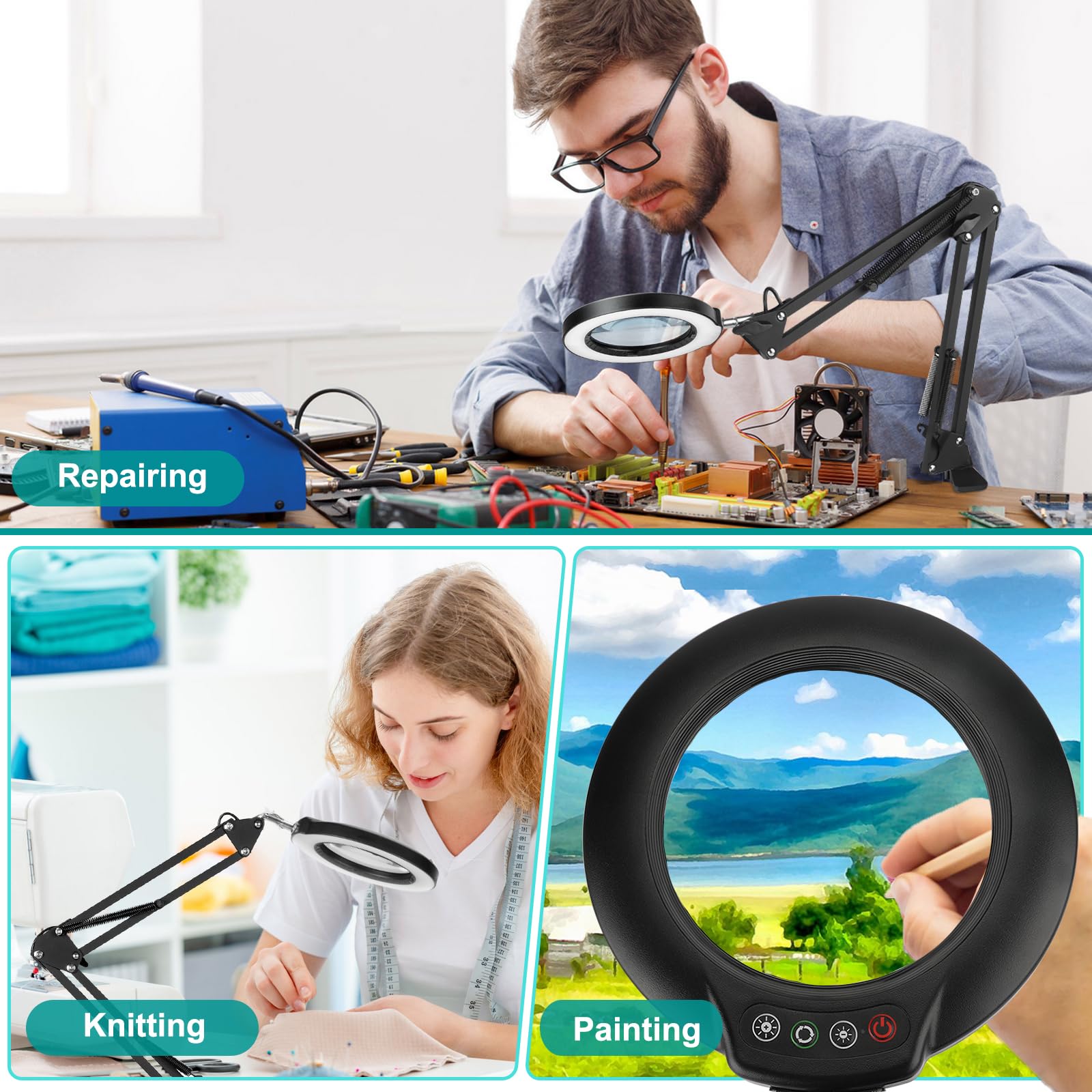 Drdefi 10X Magnifying Glass with Light and Clamp,Adjustable Swing Arm LED Lighted Desk Lamp, 5 Color Modes Stepless Dimmable Hands Free Magnifier Lamp for Craft Hobby Close Works Painting Reading