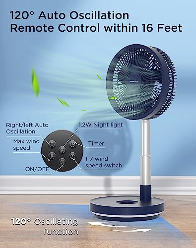 Primevolve 10 inch Oscillating Fan, Battery Operated Fan Adjustable Height, USB Rechargeable Home Office Outdoor Camping Tent Travel, Navy