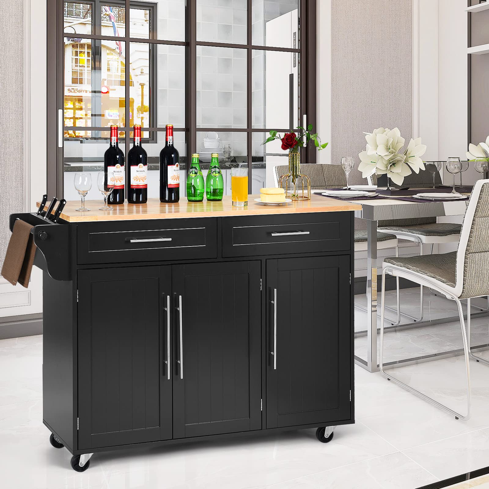 COSTWAY Mobile Kitchen Island Cart, Rolling Storage Trolley with Towel Bar, 2 Deep Drawers, 3 Door Cabinets, Swivel Casters, Rubber Wood Top, Ideal for Kitchen, Dining Room, Restaurant, Cafe (Coffee)
