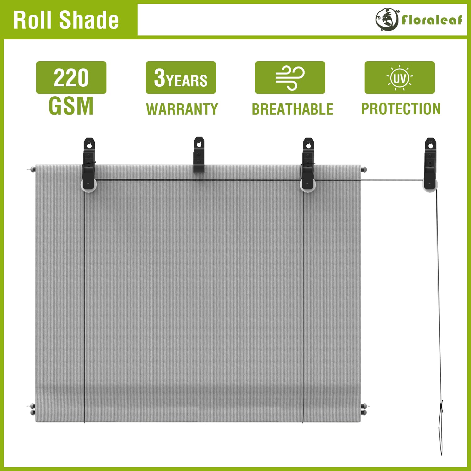 FLORALEAF Outdoor Roller Shades 7'W x 6'H Window Blinds for Porch Screen Deck Pergola Patio Balcony Gazebo Privacy Sunshade Roll Up Outdoor, Light Grey