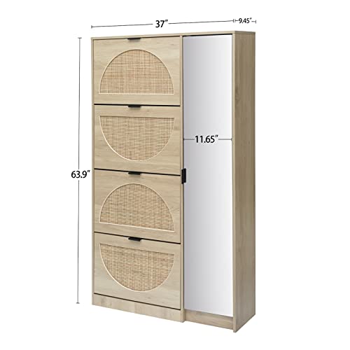 LKTART Natural Rattan Shoe Storage Cabinet 4-Tier Wood Shoe Rack Storage Organizer Door with Mirrofor Entryway