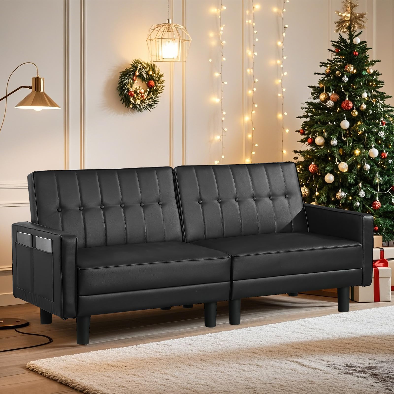 OQQOEE Futon Sofa Bed, Convertible Loveseat Couch with Adjustable Backrest, Faux Leather Upholstered Sleeper Sofa for Living Room & Apartment, Side Pockets, Black (Black, Loveseat)