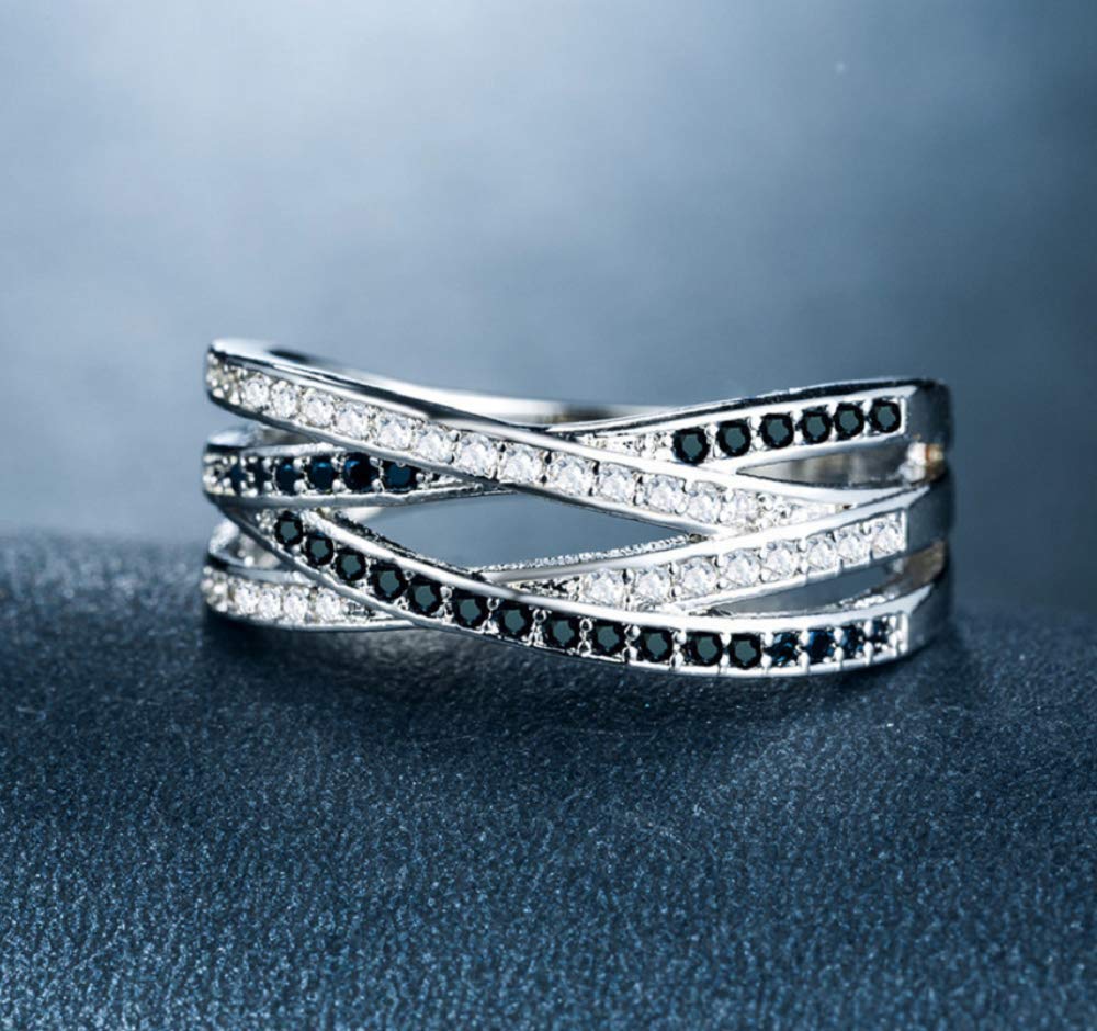 DOCCESTU 925 Silver Jewelry Black & White Sapphire Two Tone Black and White Pave Cubic Zirconia CZ Criss-Cross X Band Ring Size 6-10 (US Code 7)