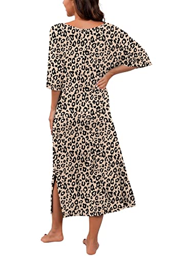 PrinStory Womens Long Nightgown Round Neck Nightshirts Short Sleeve Loose Loungewear Casual Sleep Dress With Pockets FP-Leopard Khaki-X-Large