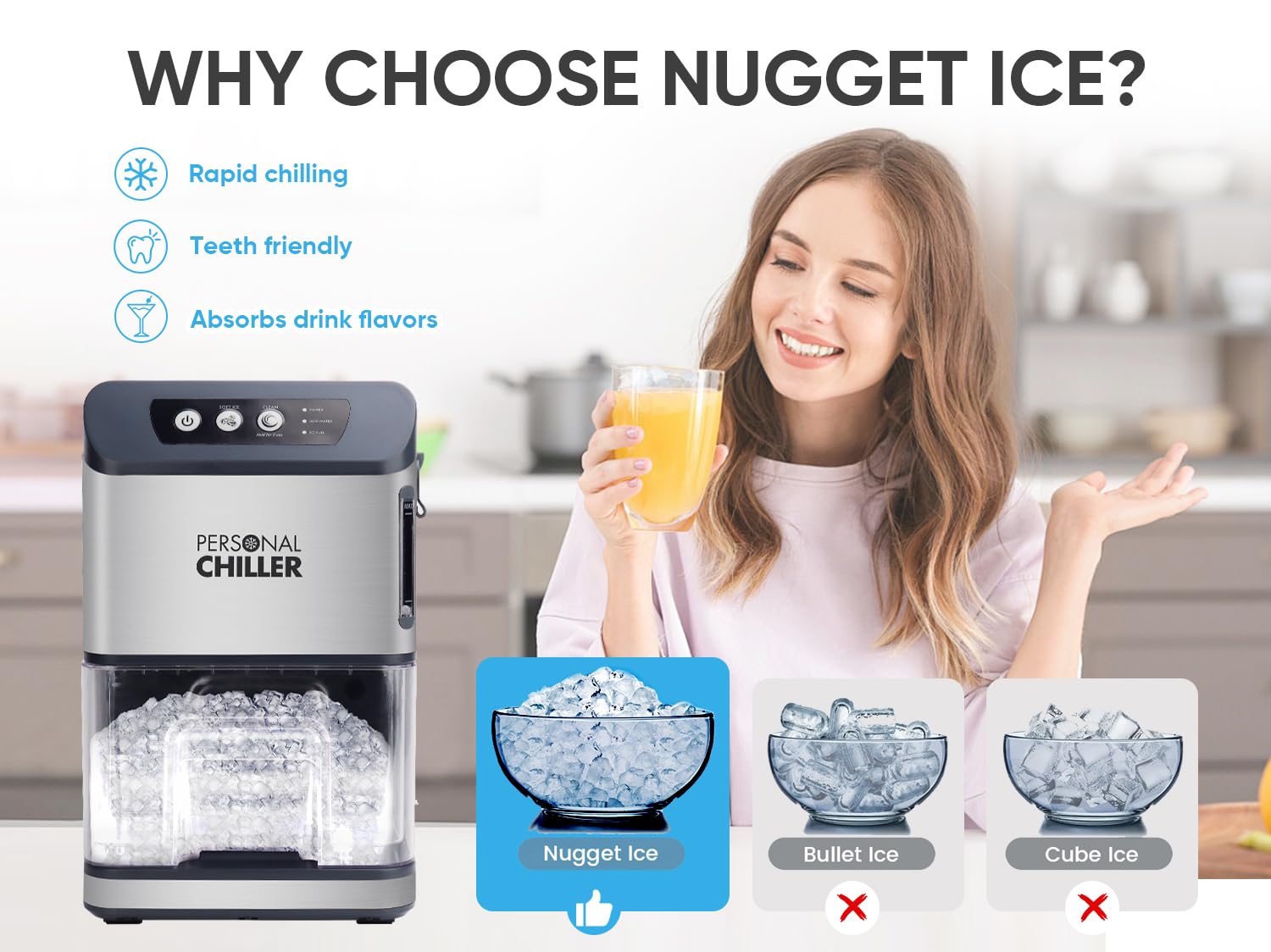 PERSONAL CHILLER Nugget Ice Maker Machine, 55lbs/24h Self-Cleaning Ice Machine, Chewable Ice Maker for Home Bar, Coffee Shop, Business
