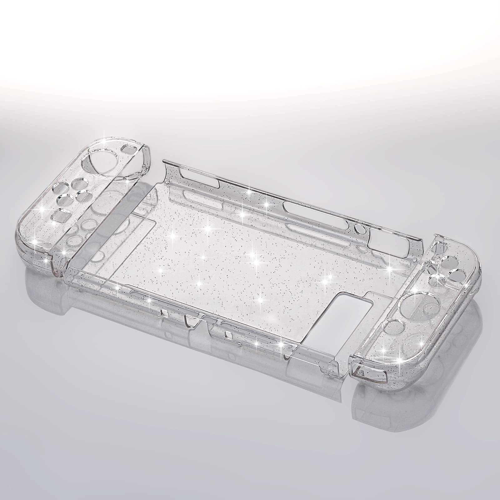 Dockable Case for Nintendo Switch, Protective Case for Nintendo Switch with a Tempered Glass Screen Protector and 6 Joy Stick Covers, Fit into The Dock Station - Clear Glitter
