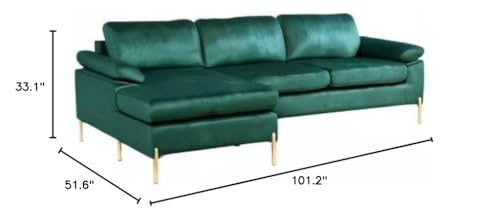 Devion Furniture 101" W Modern Design Velvet Sectional Sofa with Spacious Chaise, Cushioned Arms & Metal Legs in Green & Gold Finish