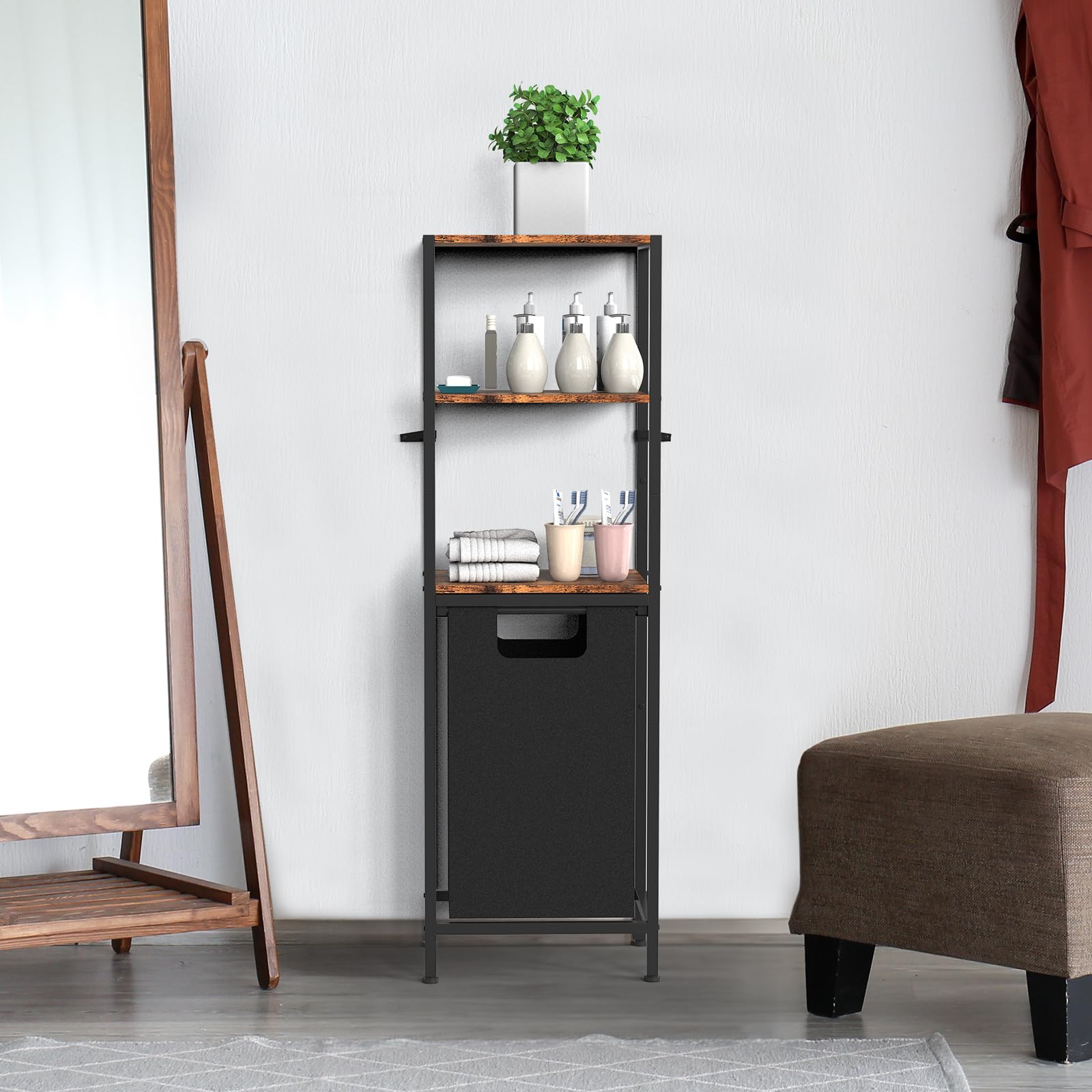 Laundry Hamper with Shelf, Laundry Basket with Storage Shelf, 3-Tier Laundry Room Hamper, Bathroom Laundry Hamper Cabinet with Shelves, Industrial Laundry Sorter with Pull Out Removable Bag, Black