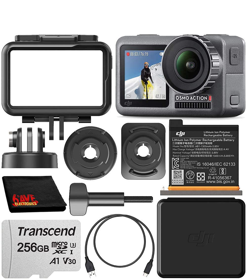 DJI Osmo Action 4K Camera with 256GB Basic Accessory Bundle - Includes: Transcend 256GB microSDXC Memory Card with Adapter + Microfiber Cleaning Cloth