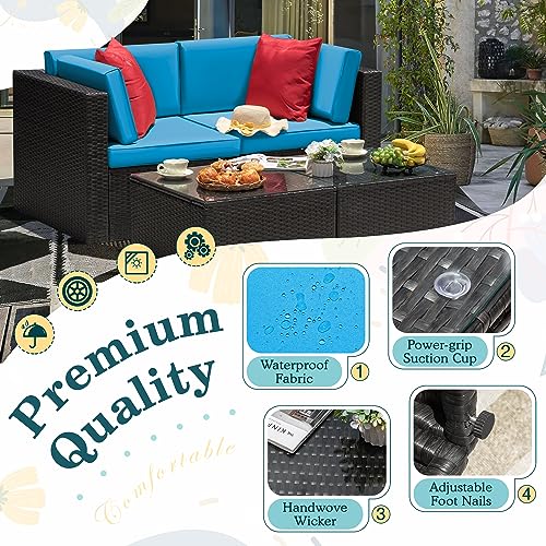 Devoko 4 Piece Patio Furniture Set PE Wicker Sectional Sofa Set Rattan Outdoor Conversation Set with Padded Cushions for Balcony, Backyard, Garden(4 Piece, Blue)