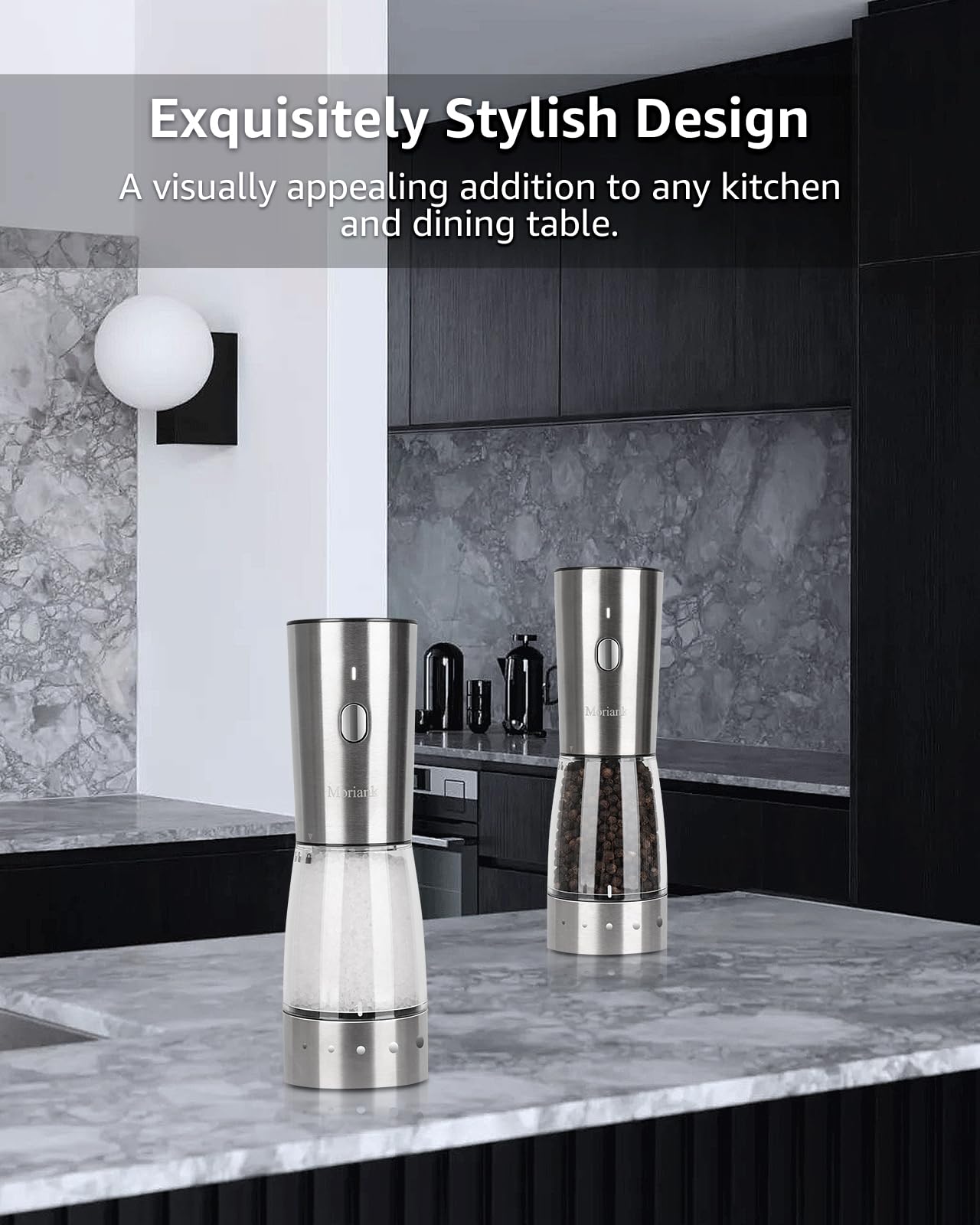 Electric Salt and Pepper Grinder Set, Large Capacity 5.3oz Salt and Pepper Grinder Set with Adjustable Coarseness, Rechargeable Stainless Steel Electric Pepper Grinder with Elegant Storage Base
