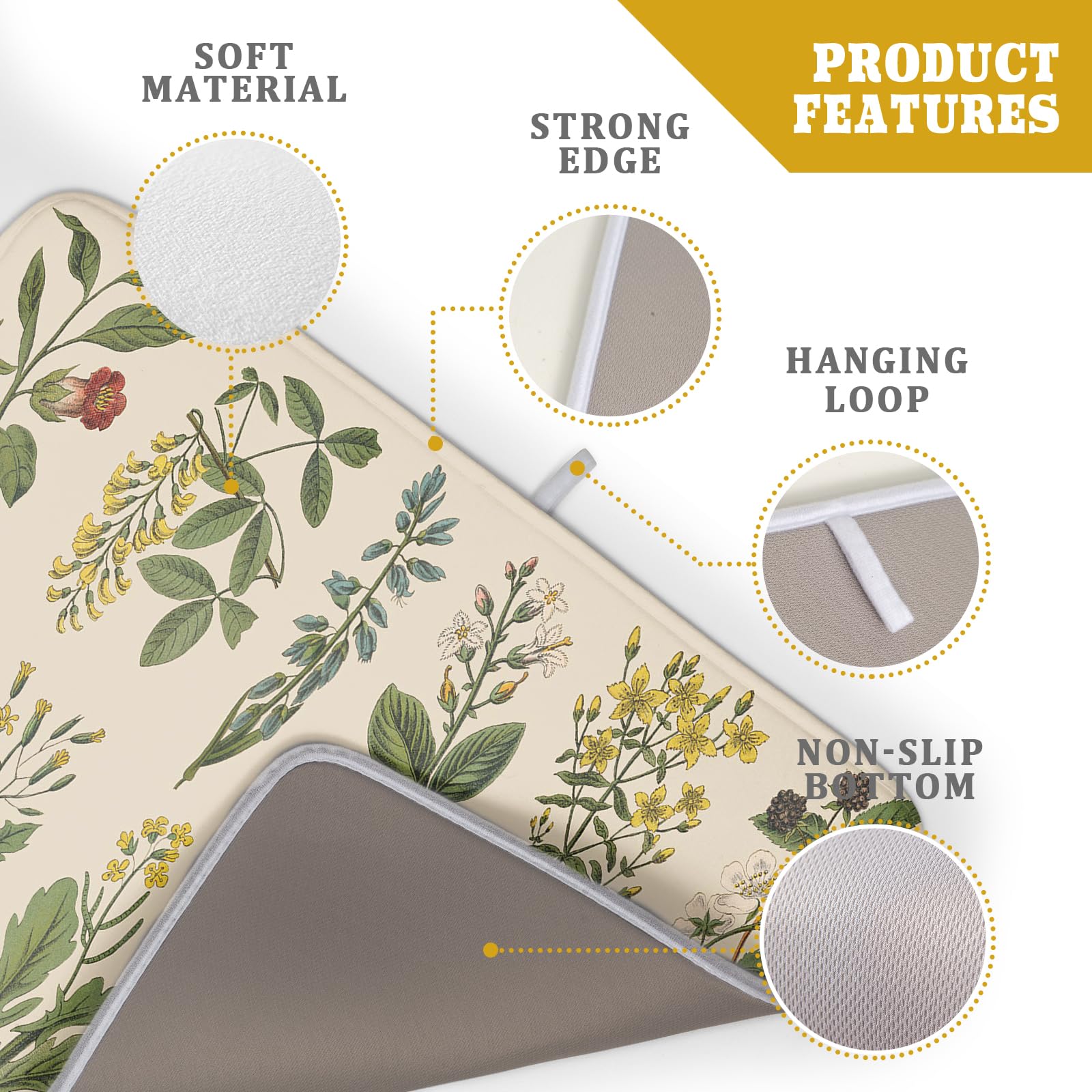 Flower Herbs Dish Drying Mat for Kitchen Counter Decor 18x24 Inch Absorbent Reversible Wild Plant Dish Mat Microfiber Drying Pad Sage Leaves Dish Drainer Rack Mats for Coffee Bar…