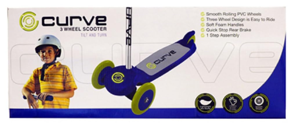 Curve ACTSCOT-487CV-BLU Tilt And Turn 3-Wheel Scooter, Easy Fold-N-Carry Design, Ultra-Lightweight, Portable Folding Design Comfortable & Safe Durable & Easy To Ride, Blue