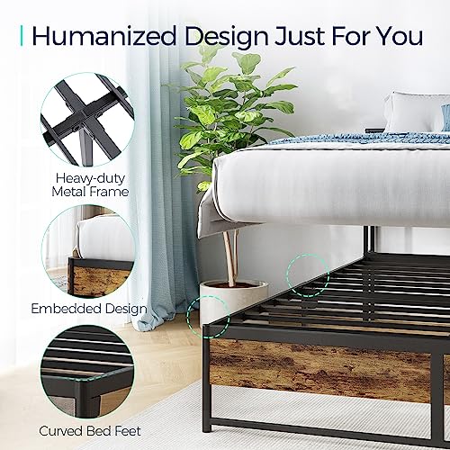 LINSY Full Size Bed Frame with 4 Drawers & Headboard, Bed Frame with RGB Lights & Fast Charger, Fast Assembly Bed Frame Full with Storage, No Box Spring Needed, Rustic Brown